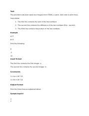 Arithmetic Operators Python Solution Docx Task The Provided Code Stub Reads Two Integers From