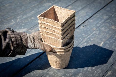 Peat Pots In Stack For Seedlings In Hand With Gloves Spring Gardening