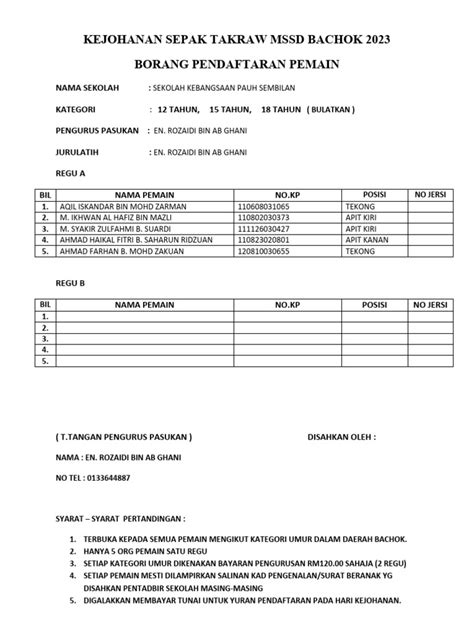 Borang Pndaftaran Pemain Kejohanan Sepak Takraw Mssd Bachok 202324