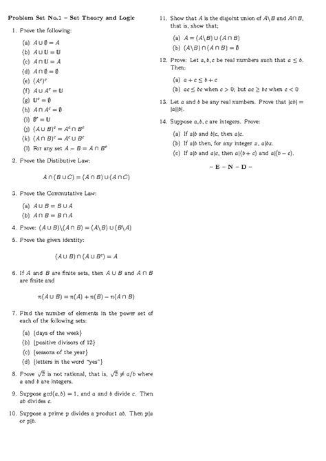 PS No Problem Exercises For Set Theory Problem Set No Set Theory And Logic Prove The