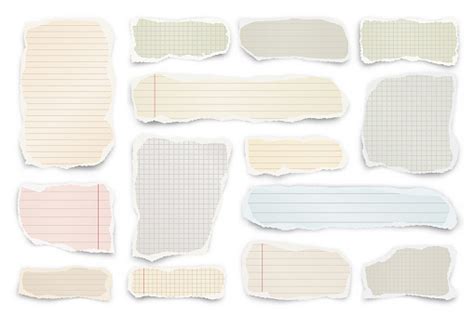 찢어진 색 종이 스트립 찢어진 가장자리가있는 현실적인 구겨진 종이 스크랩 노트북 페이지의 줄 지어 조각 벡터 일러스트레이션 0
