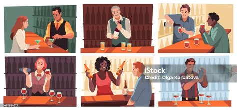 바텐더 캐릭터 전문 바텐더는 방문객을 위해 알코올 칵테일을 만들고 펍 사람들은 칵테일 와인 및 맥주를 마시고 음료를 따르고