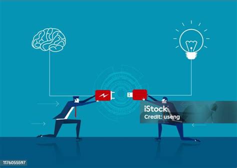 Dua Bisnis Menghubungkan Otak Steker Dan Bola Lampu Ilustrasi Vektor
