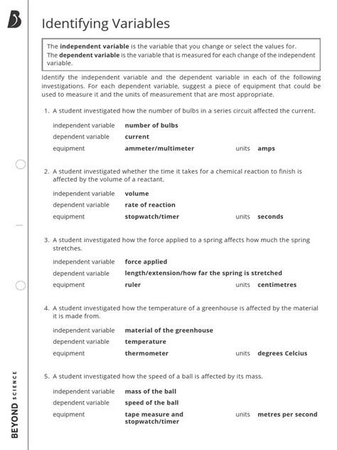 Identifying Variables Worksheet V2 Answers Pdf