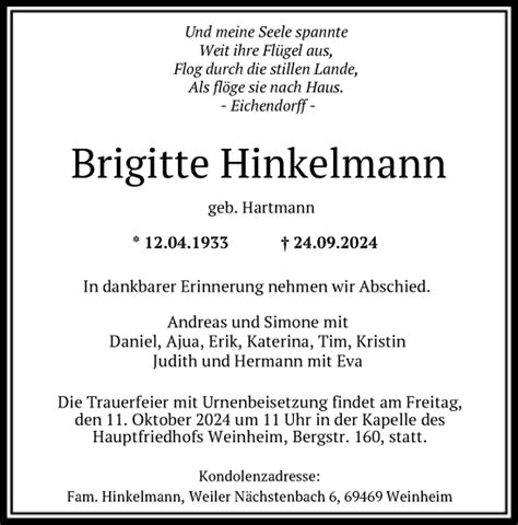 Traueranzeigen Von Brigitte Hinkelmann Trauerhnade