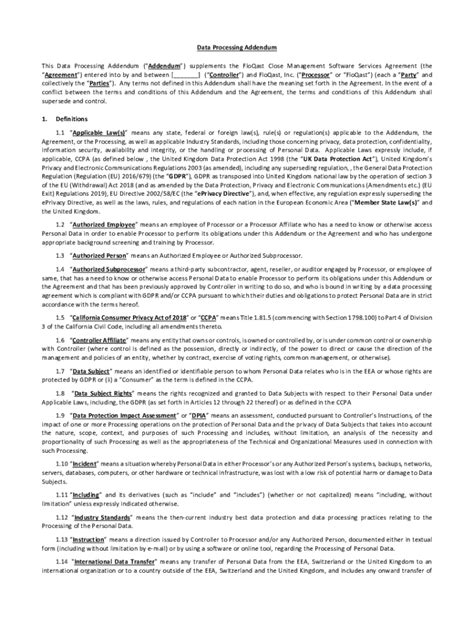 Fillable Online This Data Processing Addendum Addendum Supplements The Floqast Close