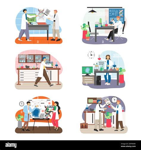 Science Research Laboratory Scenes Flat Vector Illustration Genetic Chemistry Lab Scientists