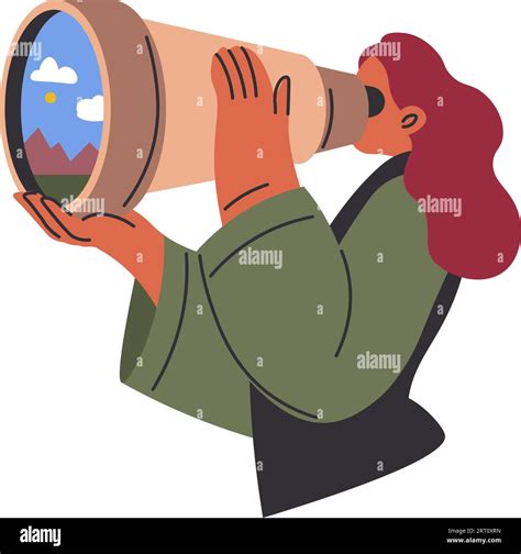 Female Character Looking At Distant Objects Through Telescope Woman Using Optical Instruments