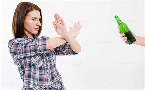 A Concept Of Alcoholism Young Brunette Woman In Saying No To Alcoholic