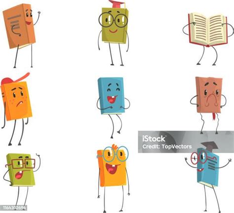 문학 어린이 및 학교 책의 다른 유형을 나타내는 귀여운 인간화 책 이모티콘 문자 교육에 대한 스톡 벡터 아트 및 기타 이미지