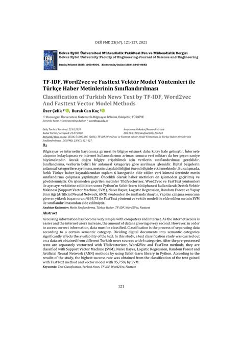 Pdf Classification Of Turkish News Text By Tf Idf Word2vec And Fasttext Vector Model Methods