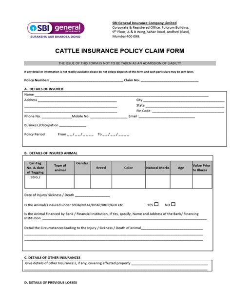 Cattle Sheep Claim Form Uiic Pdf Veterinary Medicine Health Sciences