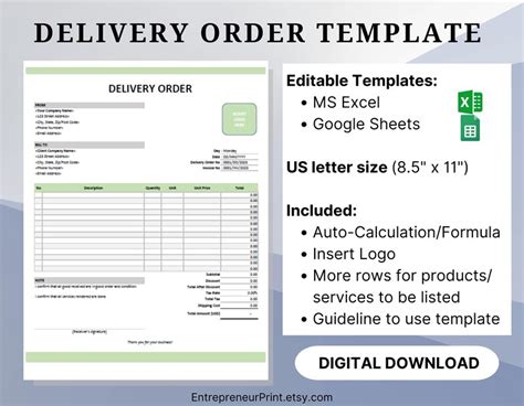 Delivery Order Template Excel Google Sheets Sales Order Template Order Form Printable Receipt