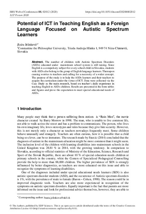 Pdf Potential Of Ict In Teaching English As A Foreign Language Focused On Autistic Spectrum