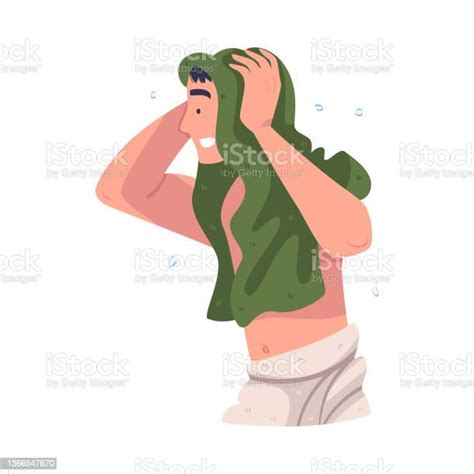 수건 벡터 일러스트와 젖은 머리를 건조 위생 절차를하고 욕실에서 남자 문자 개성 개념에 대한 스톡 벡터 아트 및 기타 이미지 개성 개념 건강관리와 의술 문화 Istock