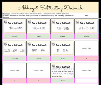 Adding Subtracting Decimals Digital Choice Board By Math With Middles