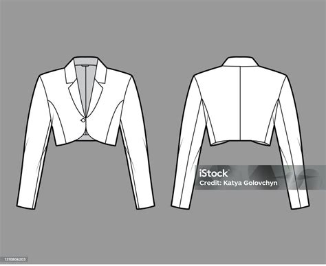 볼레로 재킷 테크니컬 패션 일러스트와 크롭 허리 길이 긴 소매 노치 칼라 버튼 클로저 플랫 볼레로 재킷에 대한 스톡 벡터 아트 및 기타 이미지 Istock