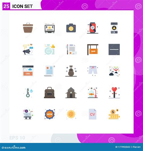 Mobile Interface Flat Color Set Of 25 Pictograms Of Warning Notification Camera Soft Drink