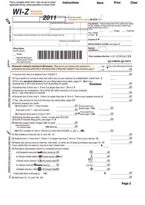 Fillable Form Wi Z Wisconsin Income Tax 2011 Printable Pdf Download