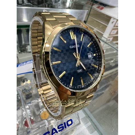 【金台鐘錶】casio 卡西歐 Mtp Vd03g 2a 立體面設計 日期顯示 不鏽鋼錶帶 生活防水 藍x金 蝦皮購物