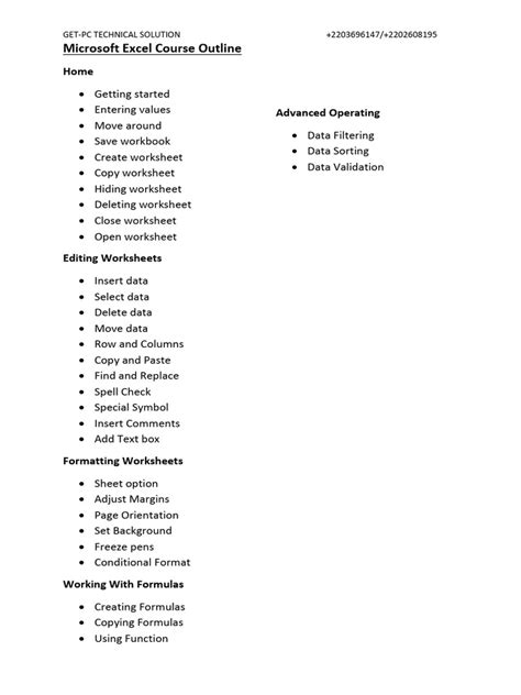 Ms Excel Course Outline Pdf