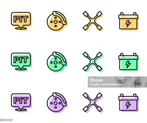 세트 라인 휠 렌치 피트 스톱 캘리퍼 및 배터리 아이콘이 있는 자동차 브레이크 디스크 벡터 검은색에 대한 스톡 벡터 아트 및 기타 이미지 Istock