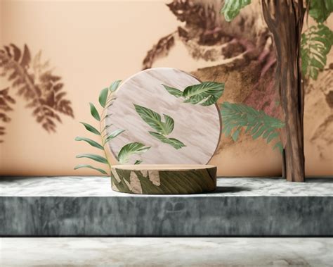 Premium Ai Image 3d Photo Circle Wood And Stone Podium With Calathea Orbifold Flower Backdrop