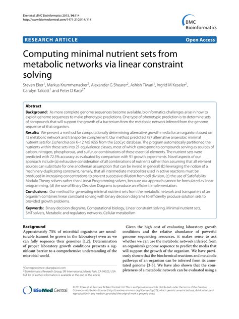 Pdf Computing Minimal Nutrient Sets From Metabolic Networks Via Linear Constraint Solving