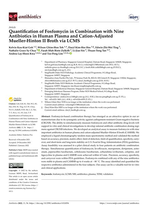Pdf Quantification Of Fosfomycin In Combination With Nine Antibiotics In Human Plasma And