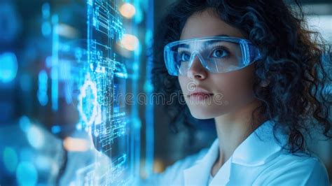 Young Caucasian Female Scientist Analyzing Digital Data With Futuristic Interface Low Voltage