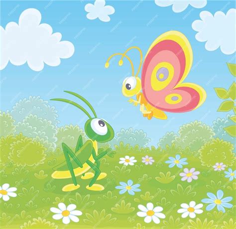 Premium Vector Funny Colorful Butterfly And A Green Grasshopper