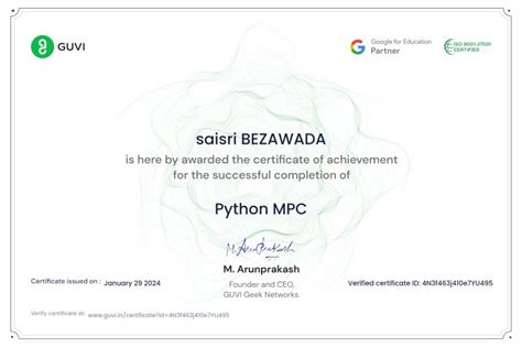 Saisri Bezawada On Linkedin Guvi Python Coursecertification