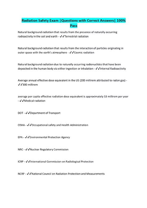 Radiation Safety Exam Questions With Correct Answers 100 Pass