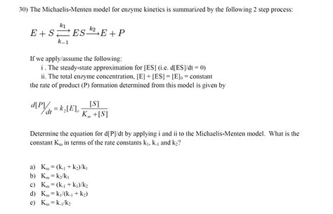 Solved The Michaelis Menten Model For Enzyme Kinetics Is