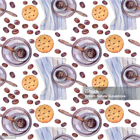 매끄러운 패턴 수채화 블루 접시 커피 콩 세즈브 쿠키 크래커 흰색 비스킷 아침 식사 또는 점심 음료와 음식 간식 메뉴 카페 요리책에 대한 손으로 그린 배경 갈색에 대한 스톡