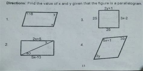 solved directions find the value of x and y given that the figure is