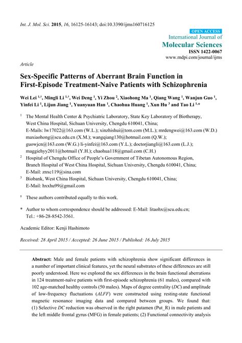 Pdf Sex Specific Patterns Of Aberrant Brain Function In First Episode