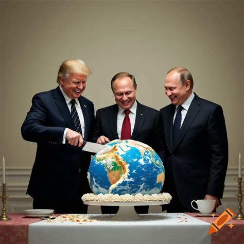 Donald Trump Elon Musk And Vladimir Putin Cutting A Cake Shaped Like