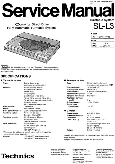 Technics SL L3 Turntable Service Manual Tradebit