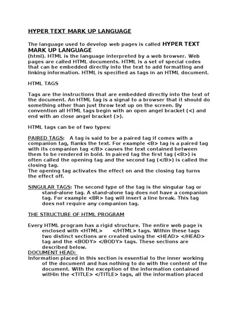 Hyper Text Mark Up Language Pdf Html Element Html