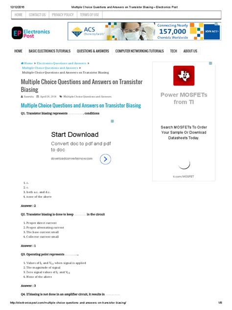 Multiple Choice Questions And Answers On Transistor Biasing Electronics Post Pdf Amplifier