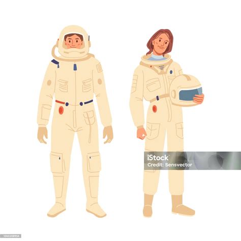 우주 비행사 직업 노동자 는 평면 만화 문자를 고립 헬멧을 착용한 보호 유니폼 우주복을 입은 벡터 우주 인과 여성 우주 비행사 전문 국제 우주 탐사 사람들 남자에 대한 스톡