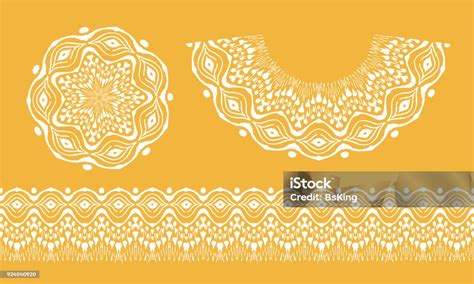 동 점 염료 아트 브러쉬 및 레이스의 집합입니다 벡터 인종 목걸이입니다 Ikat 패턴입니다 보 리 줄무늬와 쉐 브 론 인쇄입니다 꽃 식물에 대한 스톡 벡터 아트 및 기타