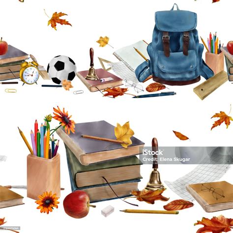 수평 매끄러운 학교 연석 벽 학교 과목의 수채화 그림 학교로 돌아가다 파란색 배낭 펜 연필 단풍과 교과서 완벽 한 패턴 직물 인쇄를 위해 적당한 9월에 대한 스톡 벡터 아트