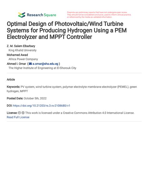 Pdf Optimal Design Of Photovoltaicwind Turbine Systems For Producing Hydrogen Using A Pem
