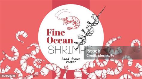 해산물 배너 디자인 템플릿입니다 손으로 그린 좋은 바다 새우 레스토랑 메뉴 해산물 배너 전단지 디자인에 가장 적합합니다 벡터 그림입니다 갑각류에 대한 스톡 벡터 아트 및