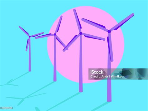 일몰에 풍력 터빈 80 년대 스타일의 분홍색 태양 재생 가능한 녹색 에너지 청정 전기 생산 친환경 풍력 에너지 벡터 일러스트레이션 0명에 대한 스톡 벡터 아트 및 기타