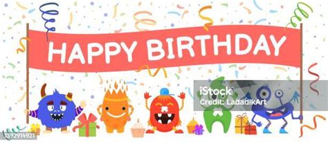 괴물 생일 배너 행복한 어린이 파티 만화 괴물 축하합니다 재미있는 캐릭터 색종이 및 선물 상자 귀여운 괜찮은 벡터 배경 0명에