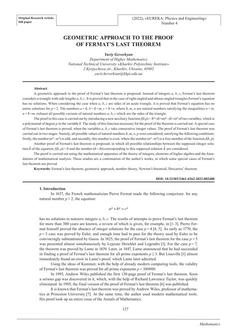 Pdf Geometric Approach To The Proof Of Fermats Last Theorem