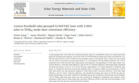 Lowest Threshold Solar Pumped Cendyag Laser With The Highest Solar To